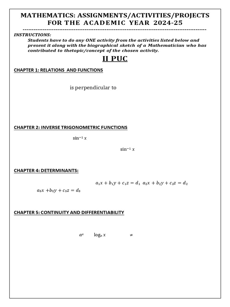 Puc - II - List of Math Activities - Assignments For 2024-25 | PDF ...