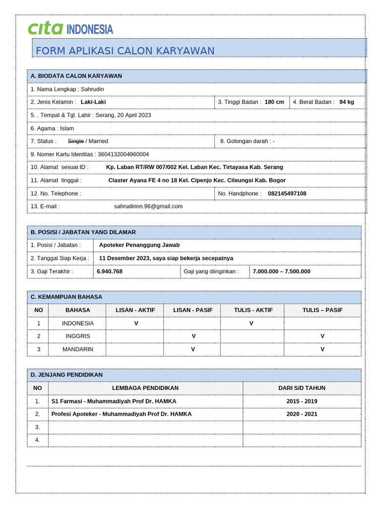 (CITA) Form Aplikasi Calon Karyawan Sahrudin | PDF