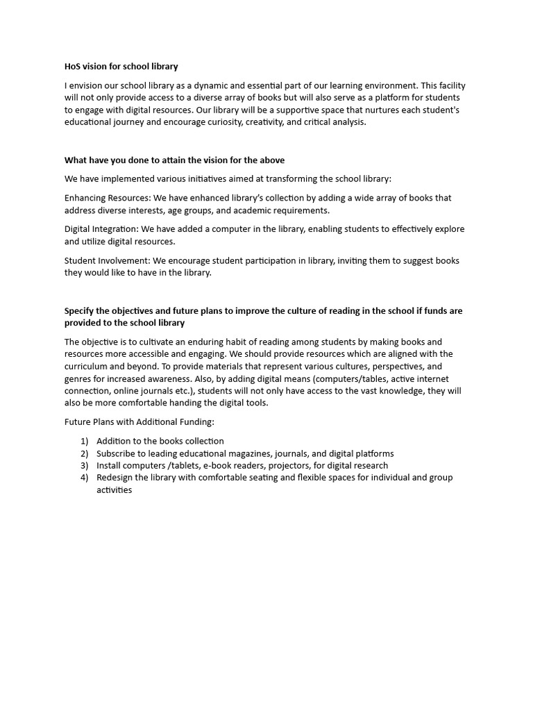 HoS Vision For School Library | PDF