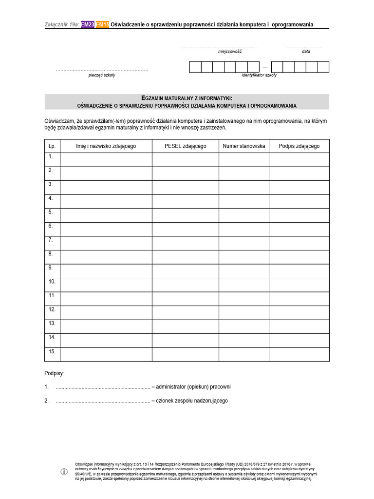 EM 2025 Zal_19a INFORMATYKA o姫iadczenie o dziaÒniu sprz孤u | PDF