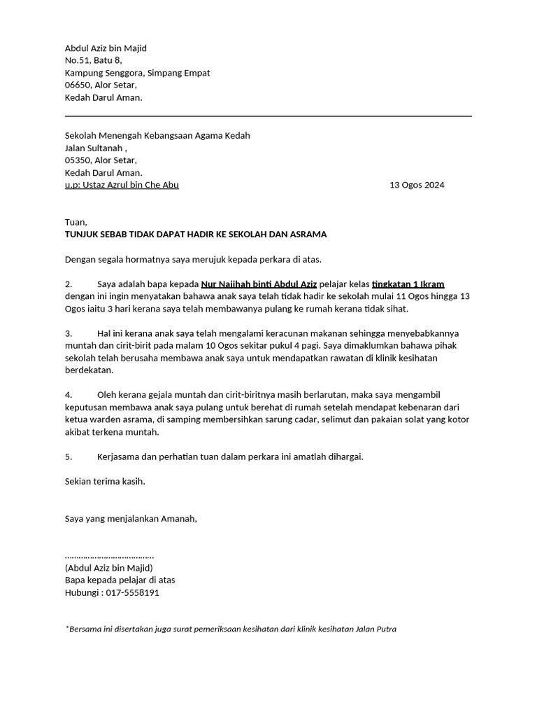 Surat Tunjuk Sebab Tidak Hadir Ke Sekolah Dan Asrama | PDF