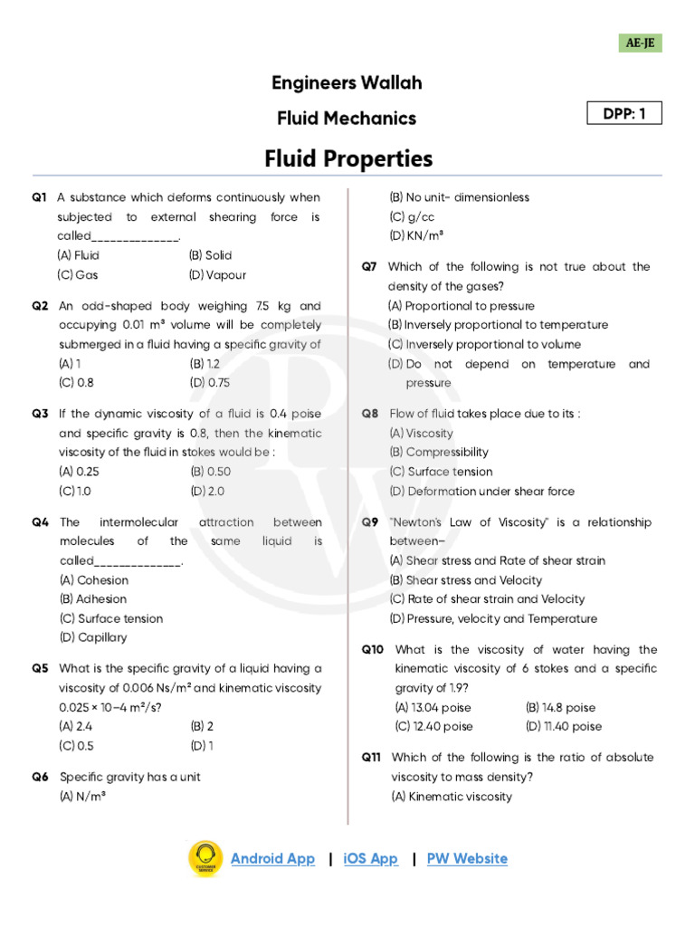Fluid Properties _ DPP 01 (English) (1) | PDF | Viscosity | Shear Stress
