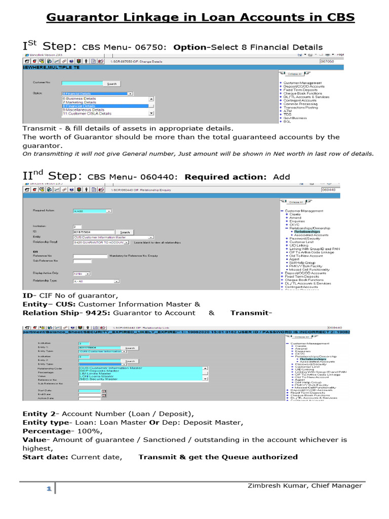 Guarantor Relationship Linkage in CBS | PDF