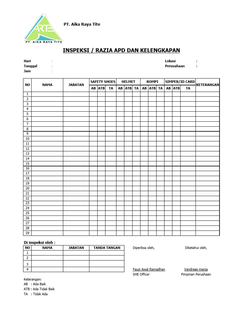 Form Inspeksi APD Xlsx | PDF
