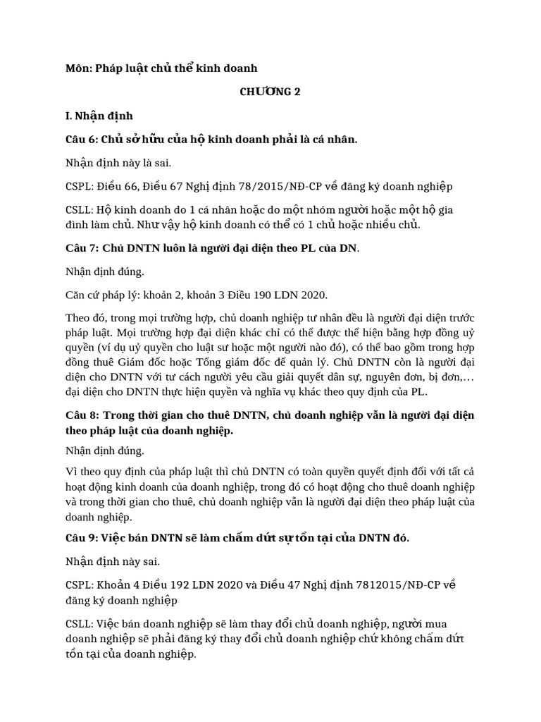 Môn: Pháp Lu T CH TH Kinh Doanh CH NG2 I. NH N Đ NH Câu 6: CH S H U C A H Kinh Doanh PH I Là Cá ...