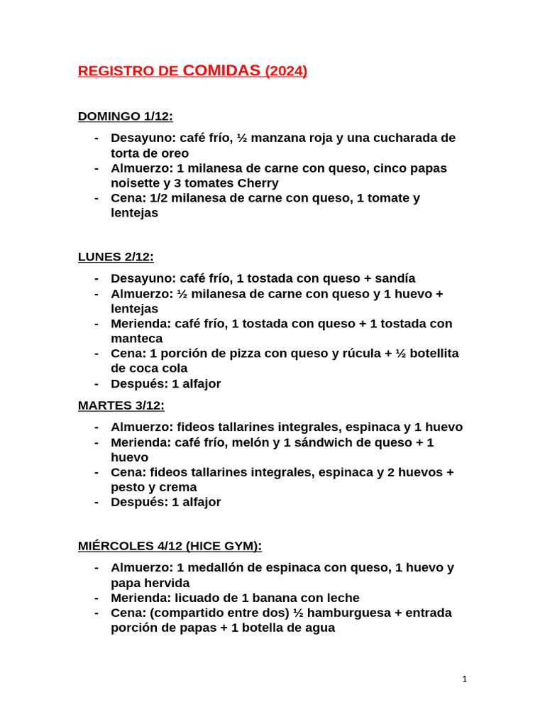 REGISTRO COMIDAS | PDF | Cocina | Comida
