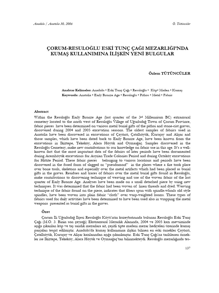 Corum-Resuloglu Eski Tunc Cagi Mezarliginda Kumas | PDF