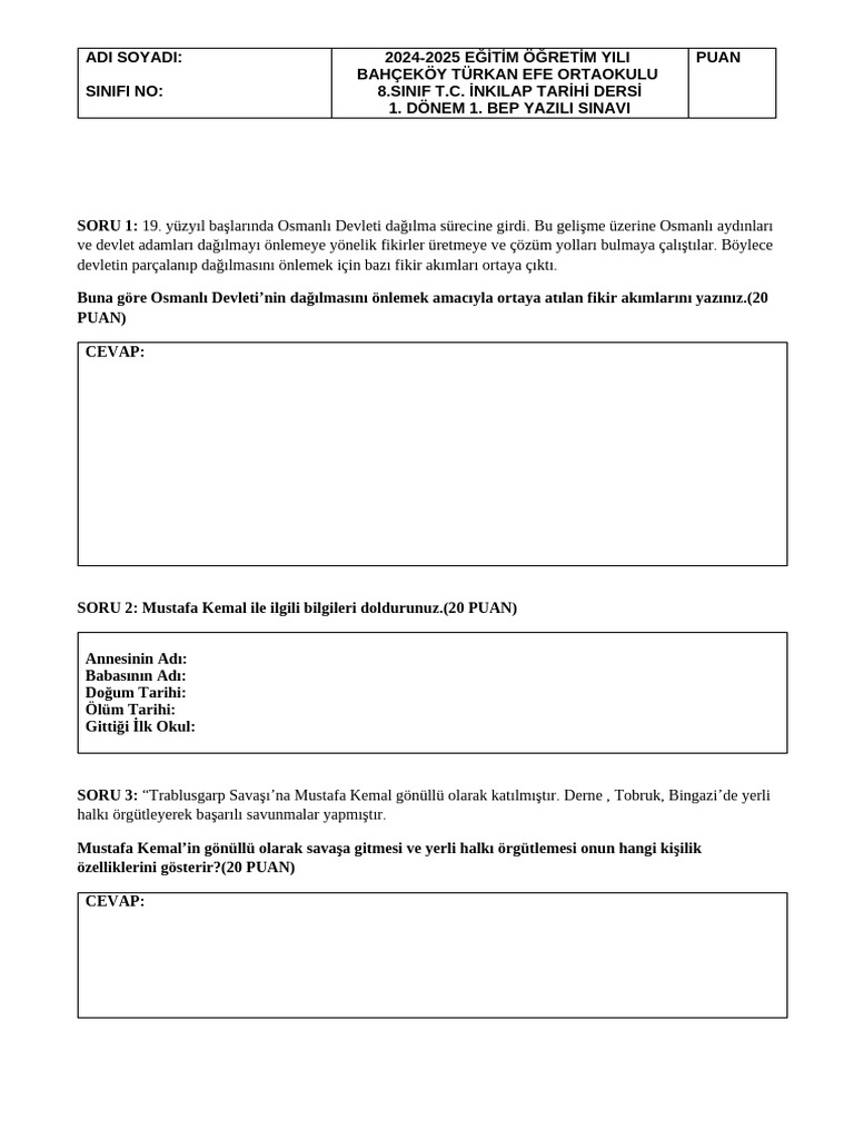 Sinif 1. Donem 1. Bep Yazili | PDF