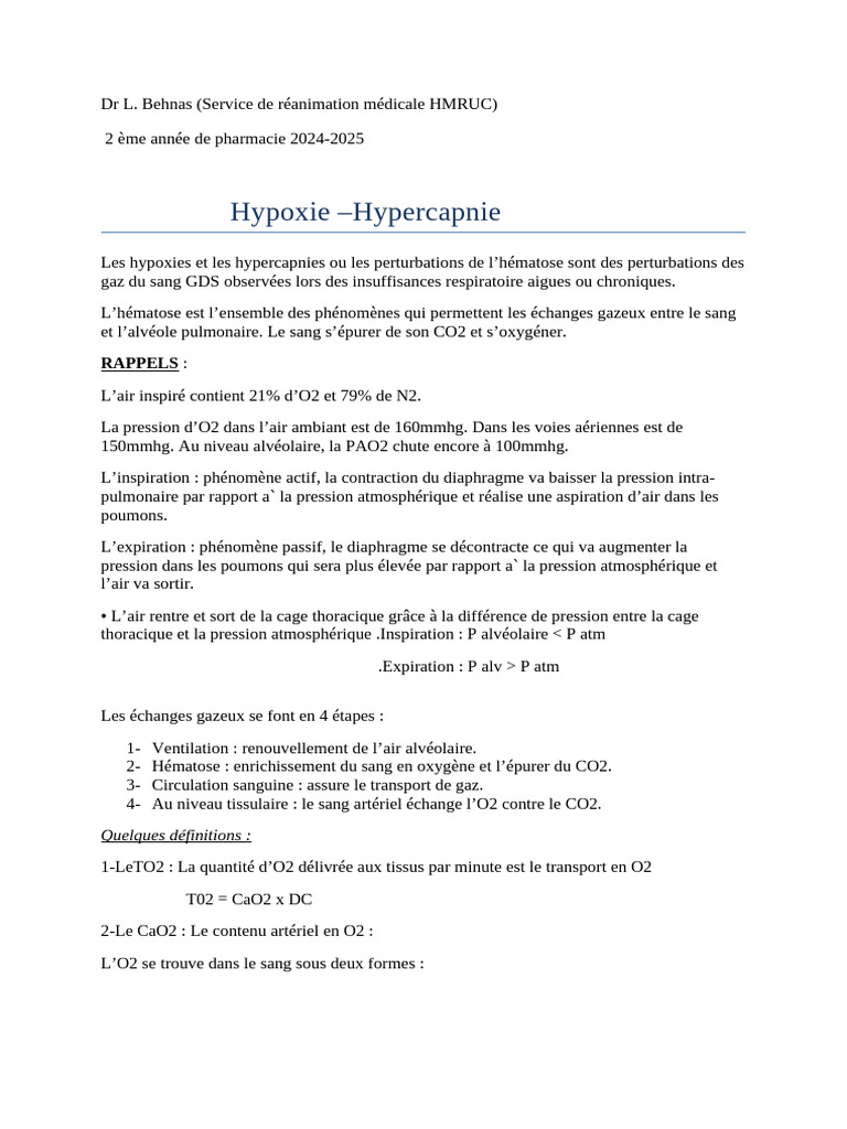 Hypoxie et Hypercapnie en Réanimation | PDF | Respiration | Poumon