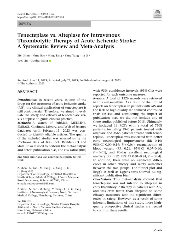 Tenecteplase vs. Alteplase For Intravenous Thrombolytic Therapy of ...