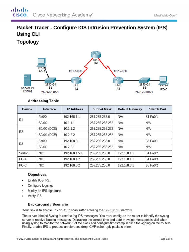 5.5.1.2 Packet Tracer - Configure IOS Intrusion Prevention System (IPS) Using CLI | PDF | Ip ...