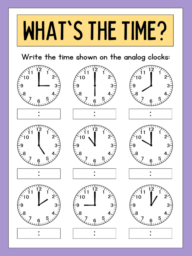 What's the Time Clock Mathematics Worksheet in Purple Bold Style | PDF