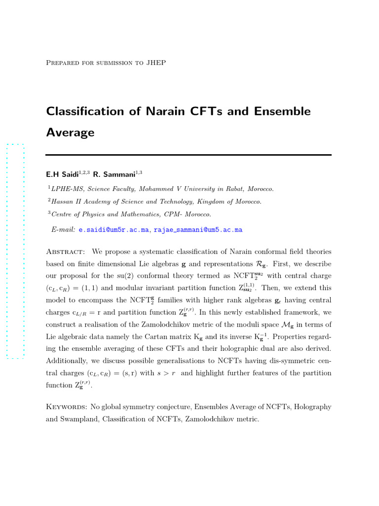 Classification_of_Narain_CFTs_and_Ensemble_Average | PDF | Field ...
