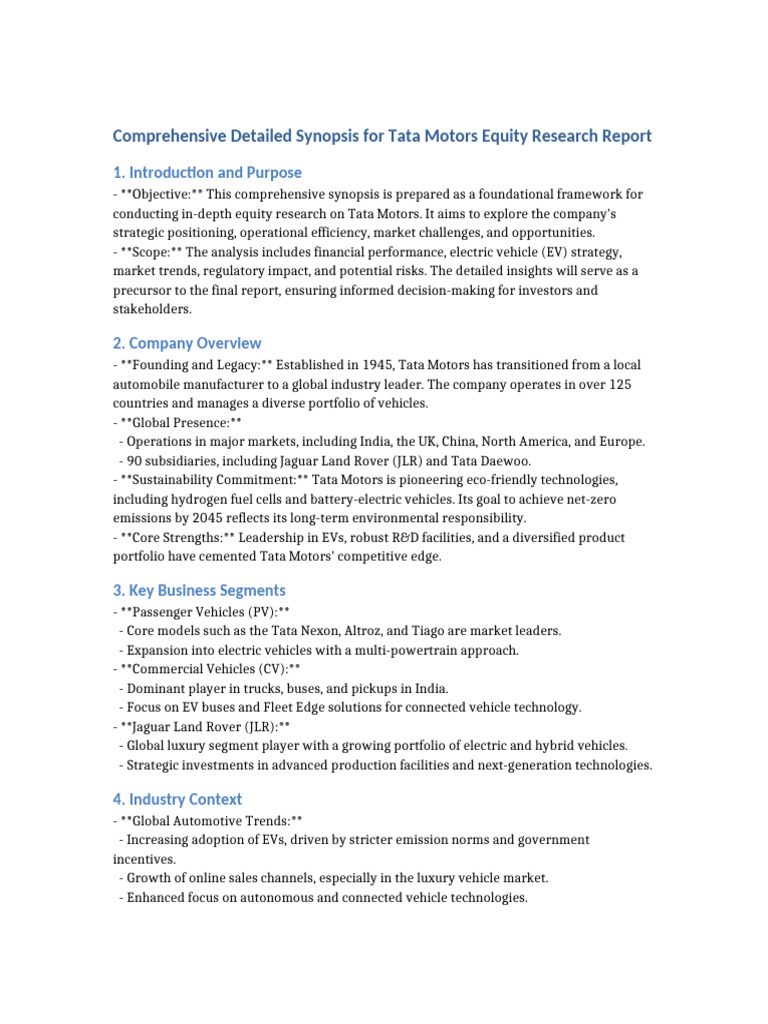 Synopsis Equity Research Tata Motors MBAFM Ignou Priti Kumari | PDF | Electric Vehicle | Economies