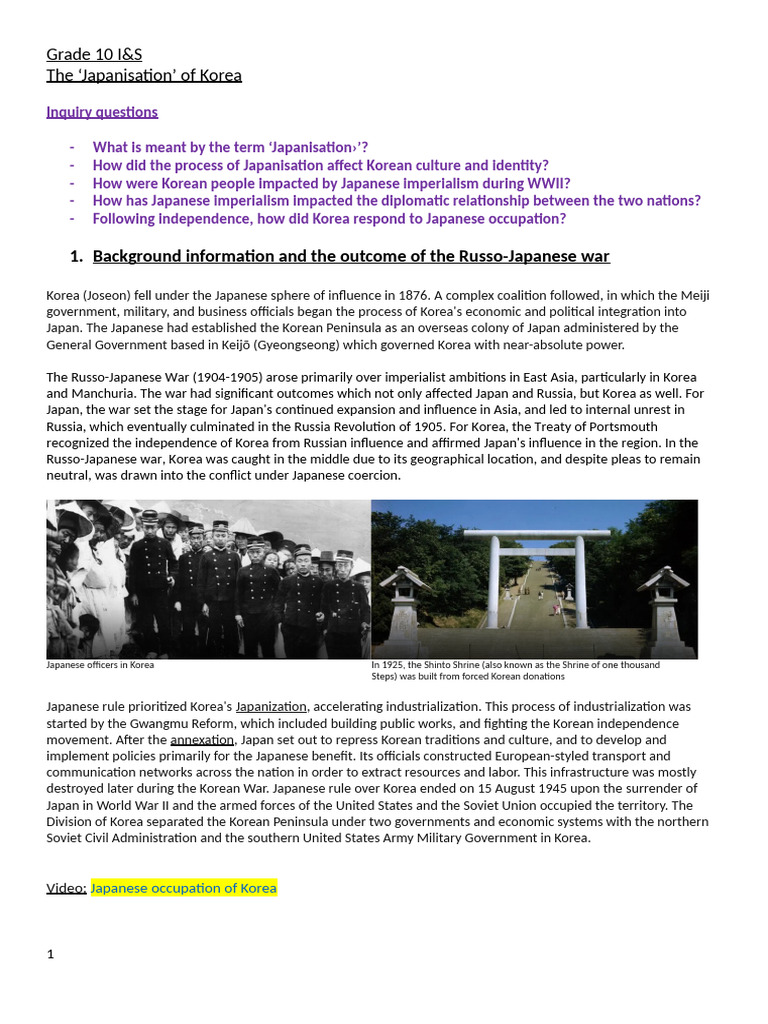Gr10 Imp Asia L5 Japanisation | PDF | Korea Under Japanese Rule ...
