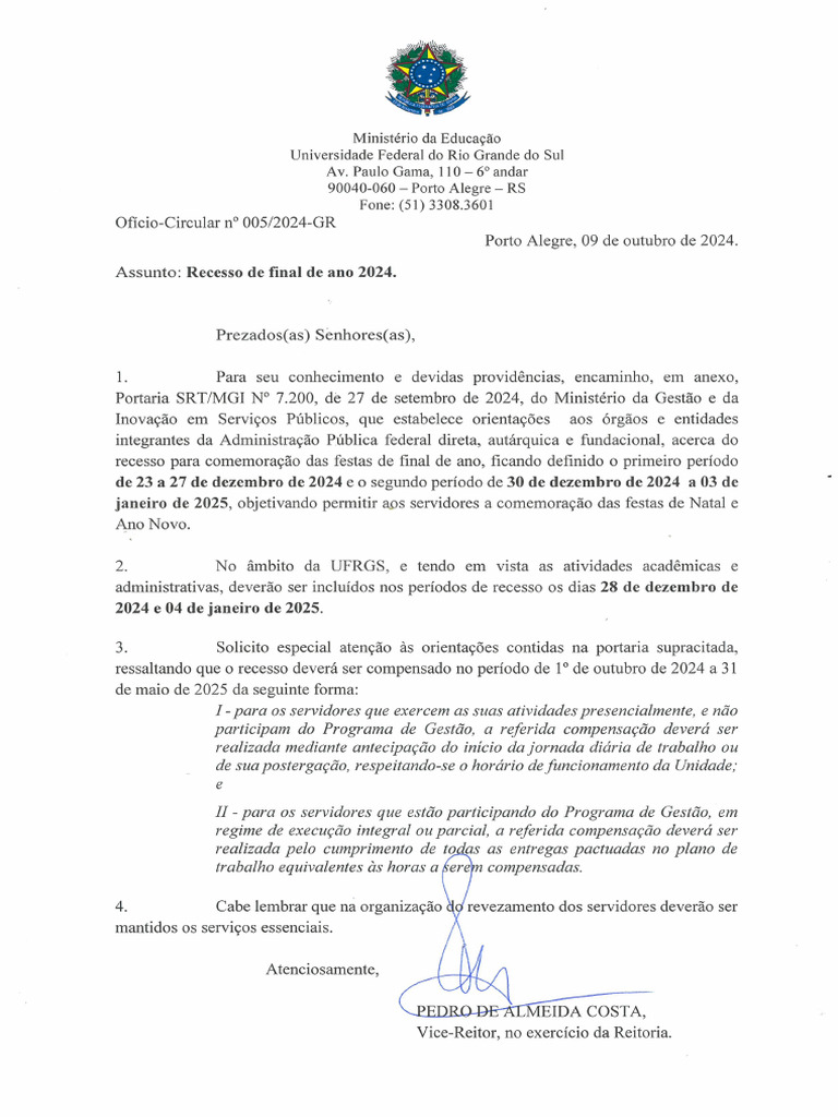 Oficio Circular 005-Recesso Final de Ano 2024 | PDF