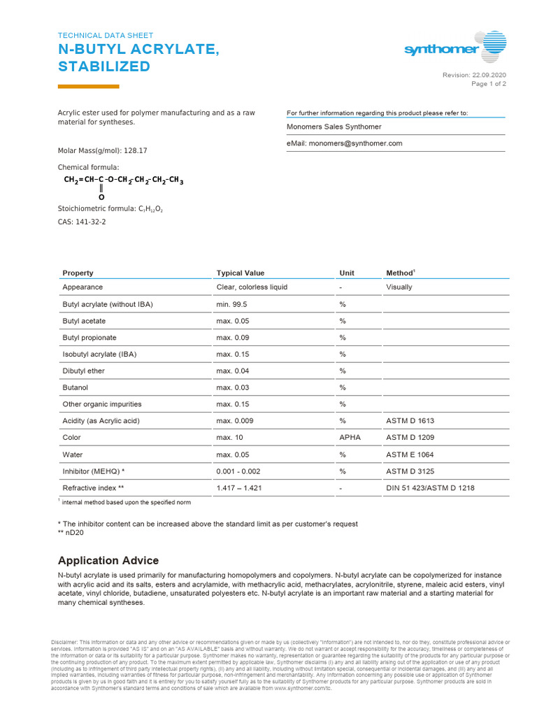 N-Butyl Acrylate Technical Data | PDF | Water | Corrosion