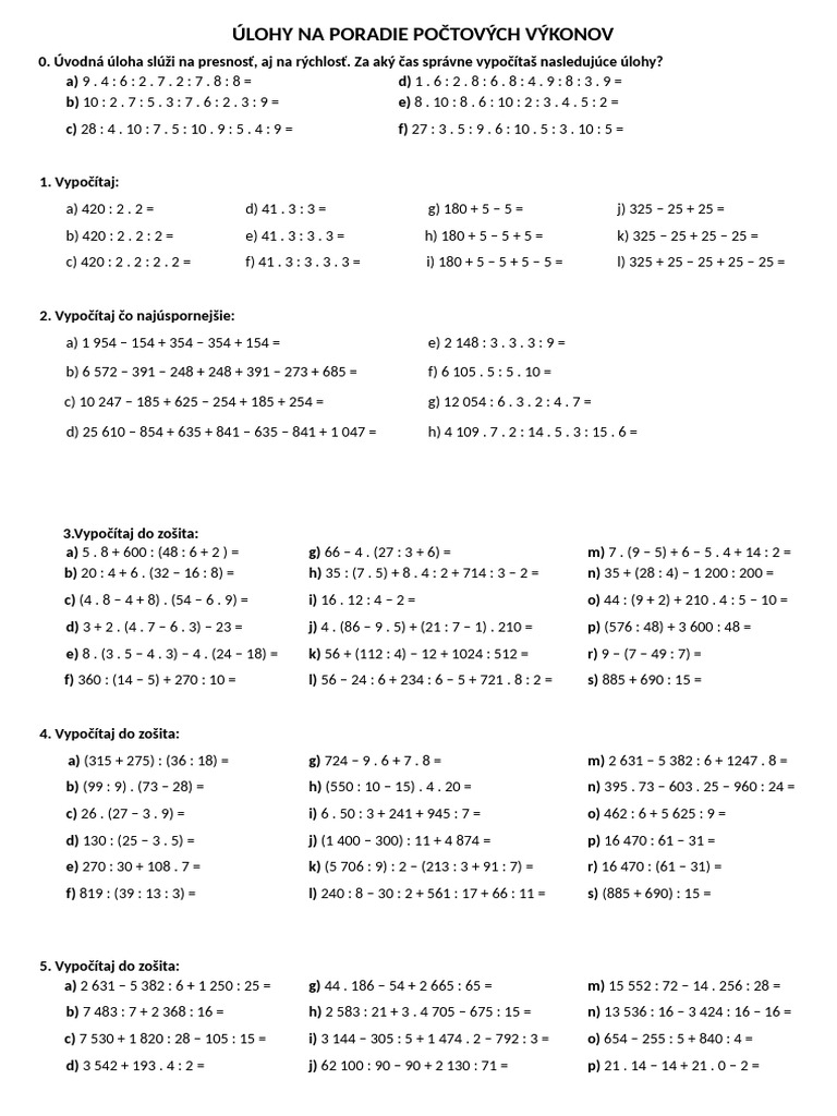 Operacie Počtových Výkonov Príklady | PDF