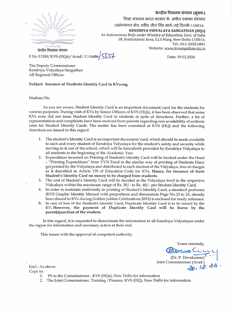 Issuance of Students Identity Card in KVs-reg. | PDF