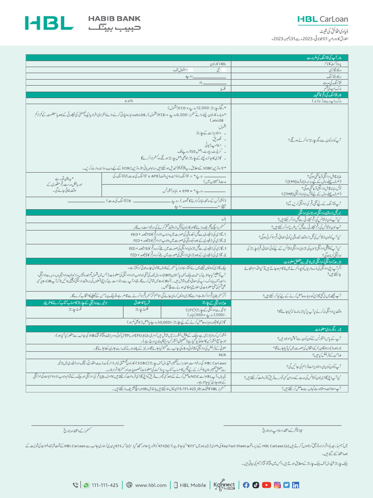 HBL CarLoan KFS July23-Urdu | PDF
