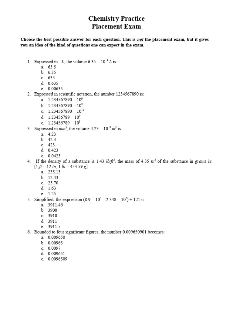 Chemistry Practice Placement Exam | PDF | Aqueous Solution | Chemical ...