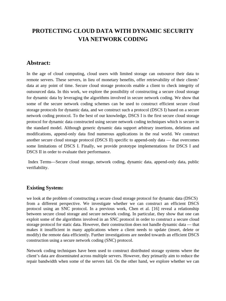 Protecting Cloud Data With Dynamic Security Via Network Coding Pdf Computer Network Cloud
