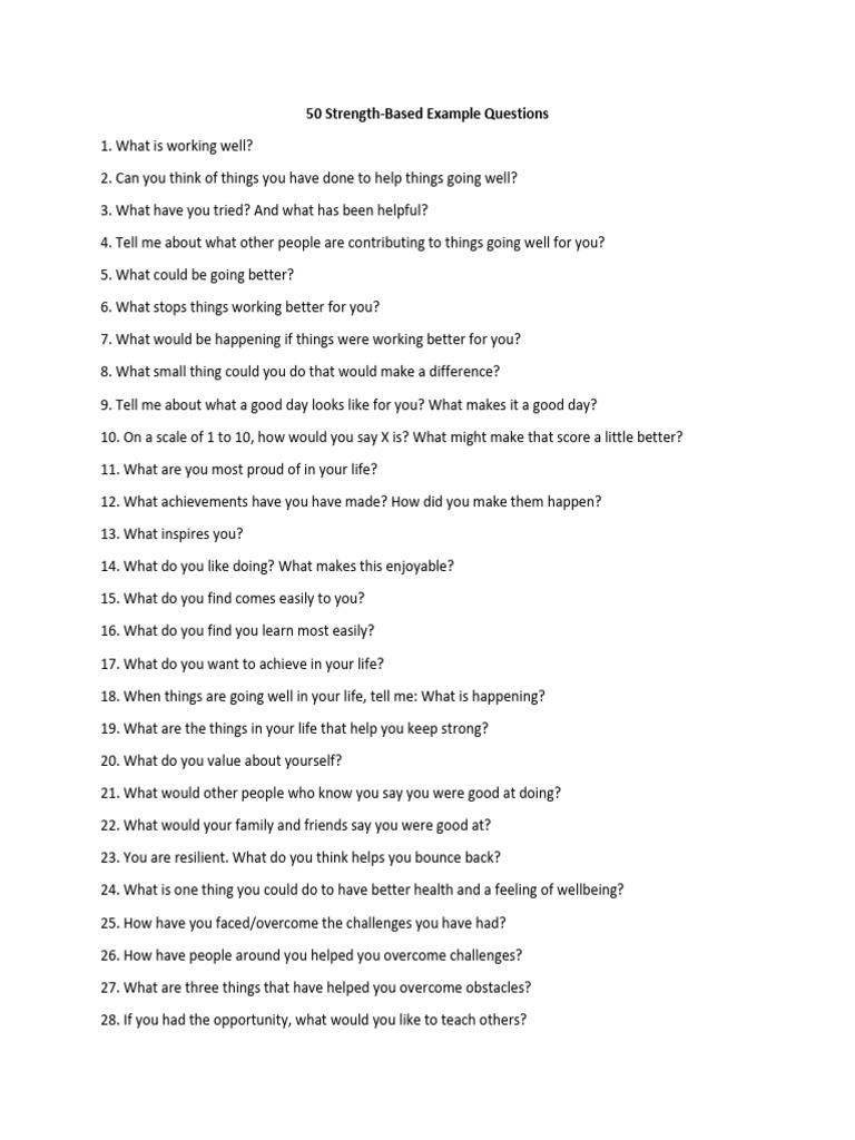 50 Strengths Based Questions | PDF | Psychology
