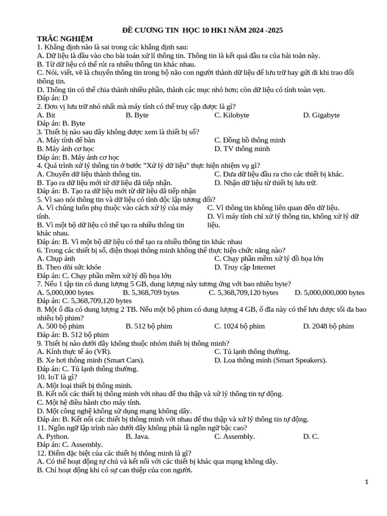 ĐC Ôn Tin 10 hk1 2024-2025 - HS | PDF