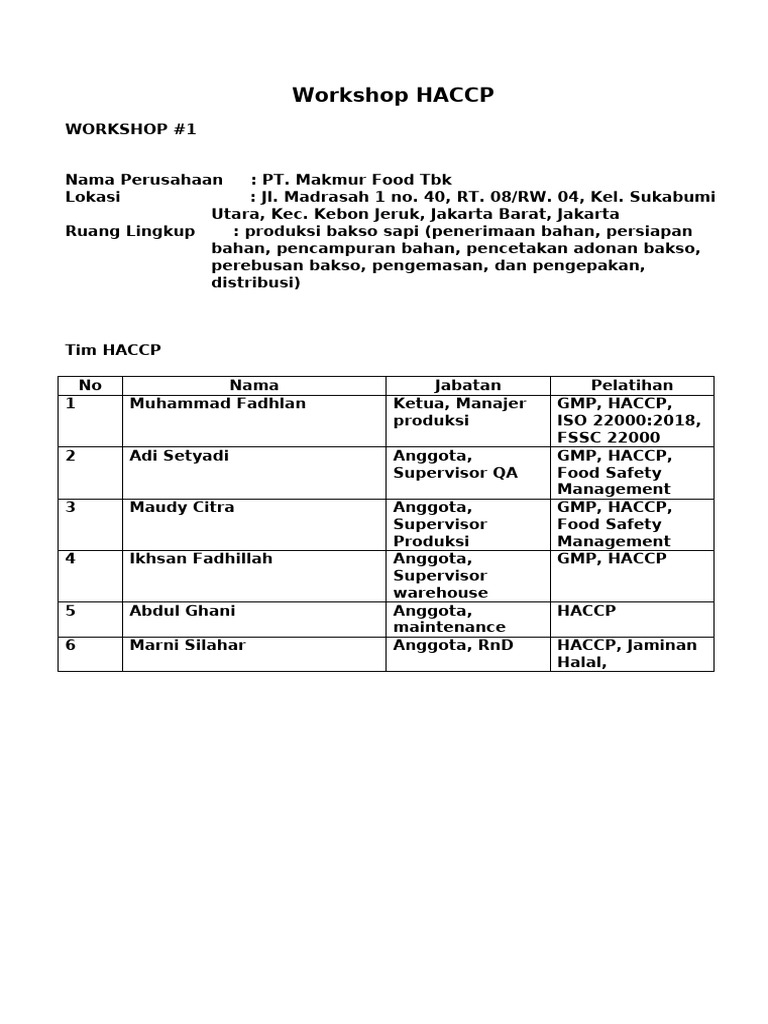 Lembar Workshop HACCP Plan | PDF
