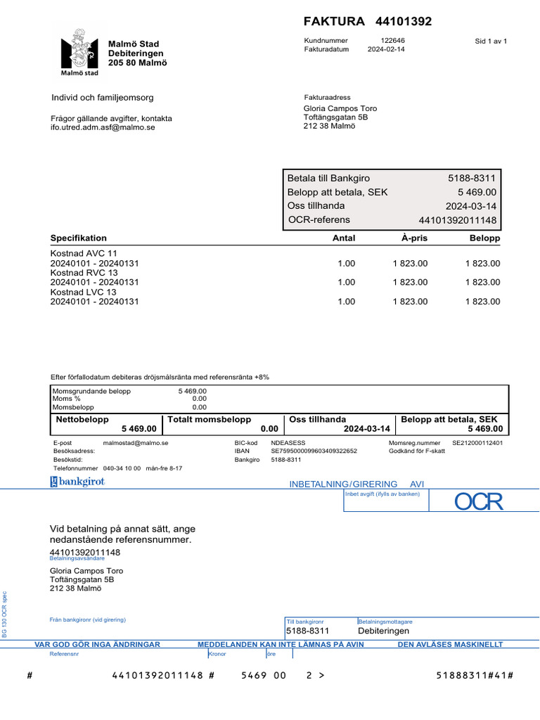 5 469.00 Belopp Att Betala, SEK Oss Tillhanda 2024-03-14 OCR-referens ...