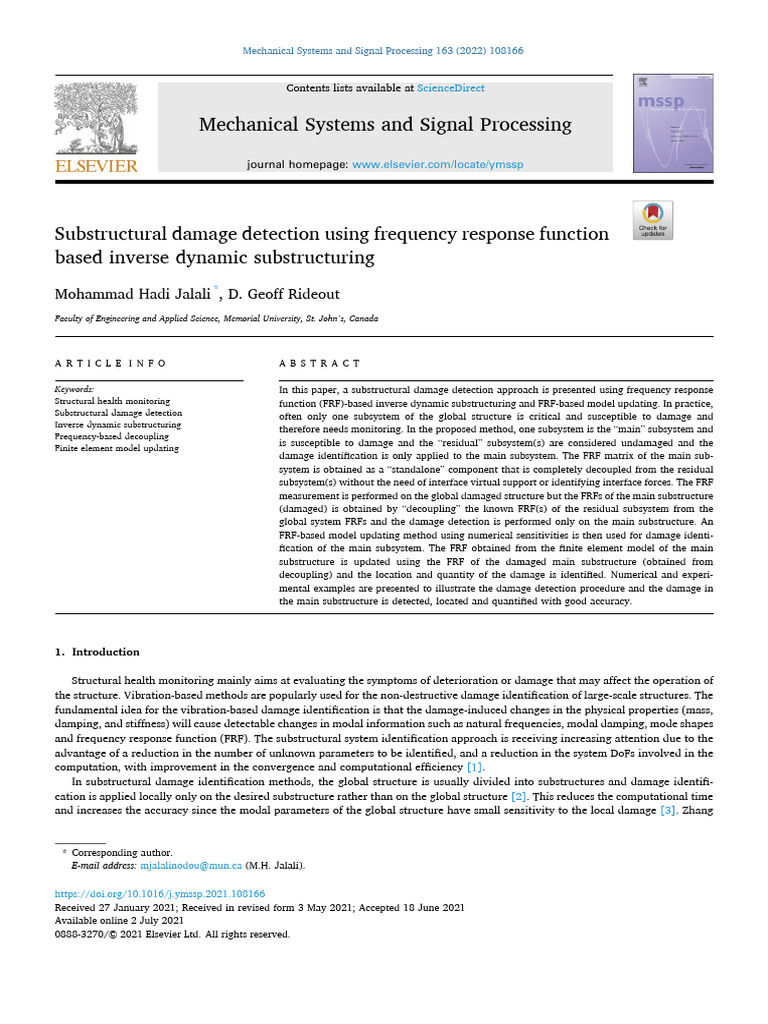 Substructural Damage Detection Using Frequency Response Function-2022 | PDF | Matrix ...