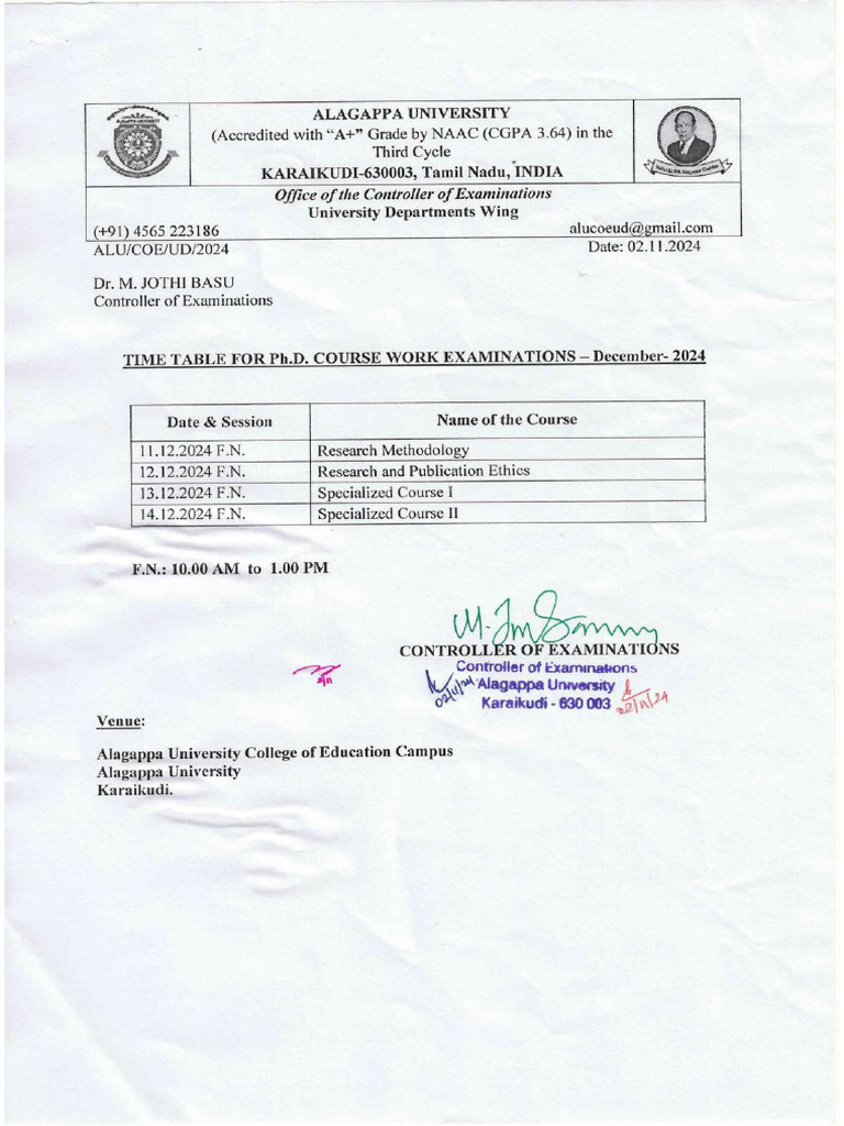 PH.D Coursework Timetable Dec.2024 | PDF