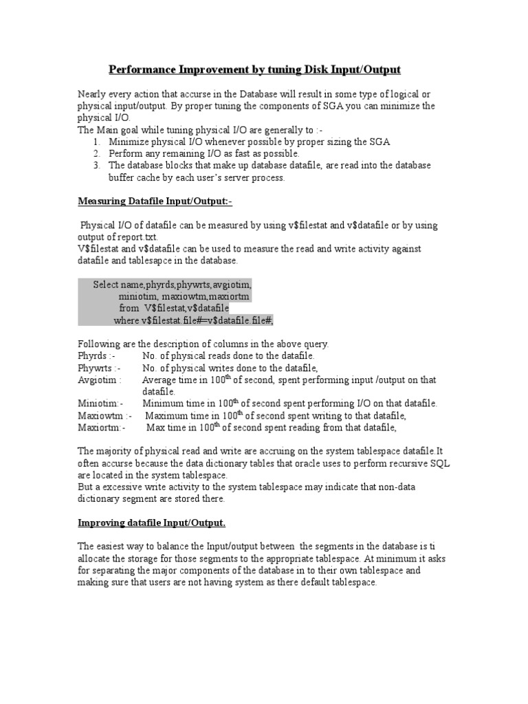 Oracle Performance Improvement By Tuning Disk Input Output Pdf Database Index Databases