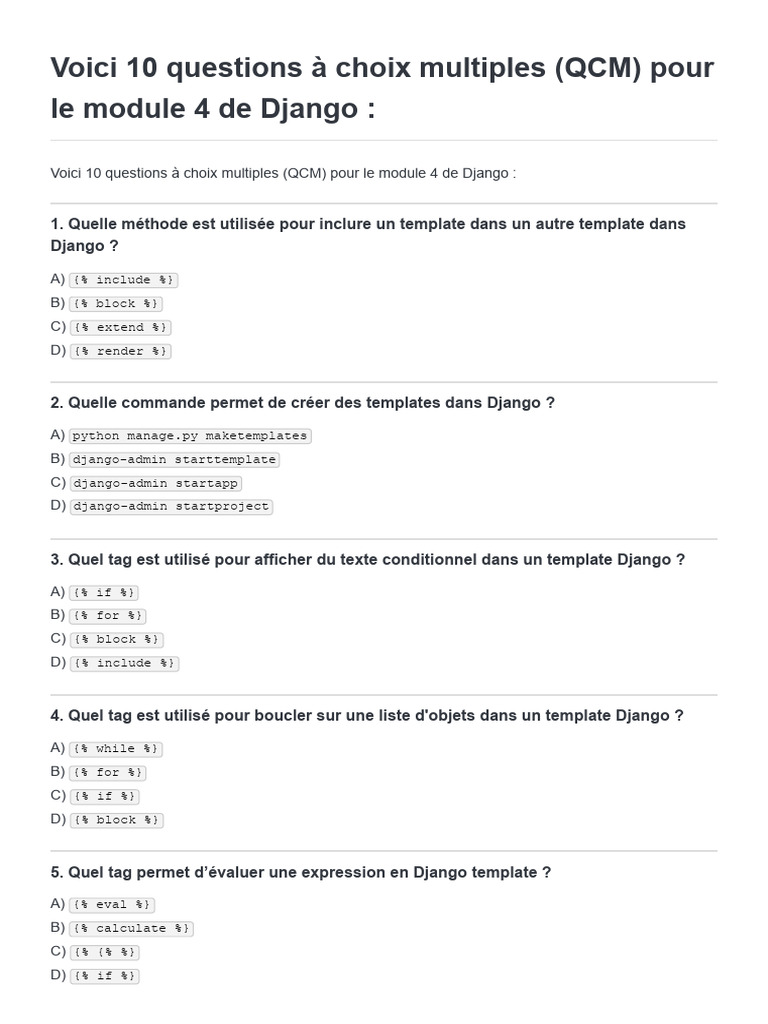 QCM sur les Templates Django | PDF