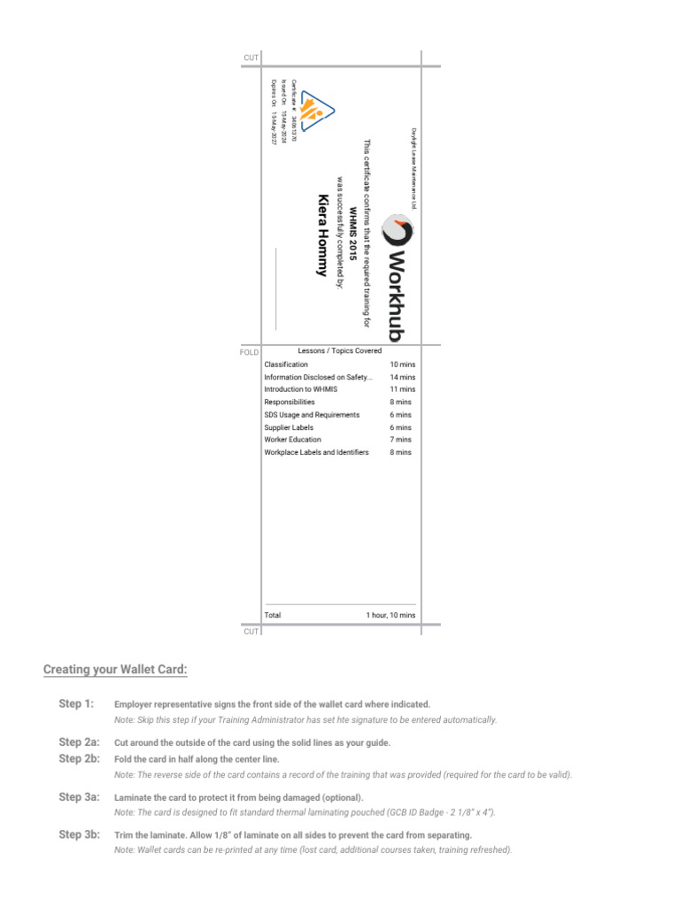 WHMIS 2015 Wallet Card Daylight Lease Maintenance Ltd. Kiera Hommy | PDF