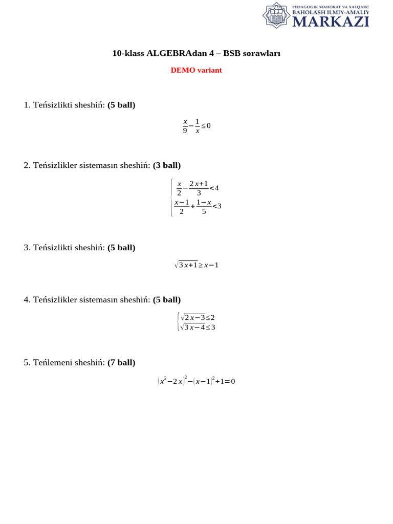 II Sherek 10-Klass Algebra Ixtisos 4 BSB Demo | PDF