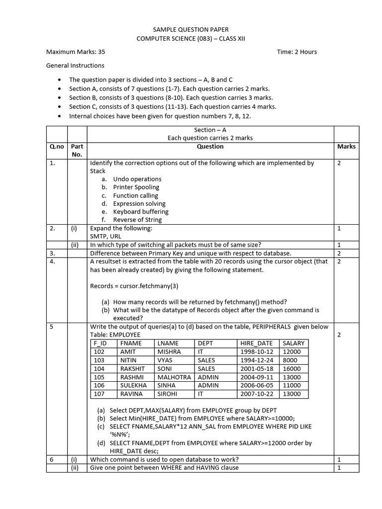 Sample Paper XII 2021-22 | PDF | Databases | Data Management