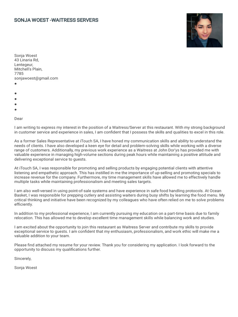 COVER LETTER -WAITRESS SERVER | PDF