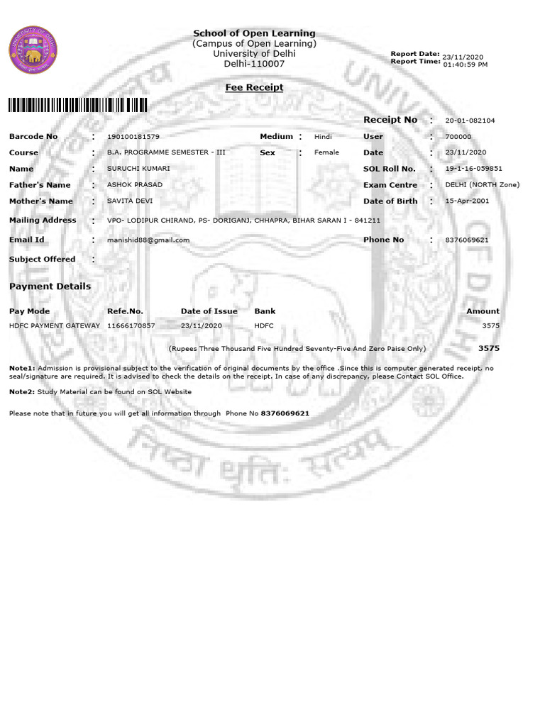 DU SOL 3rd Semester Fee Receipt | PDF | Receipt