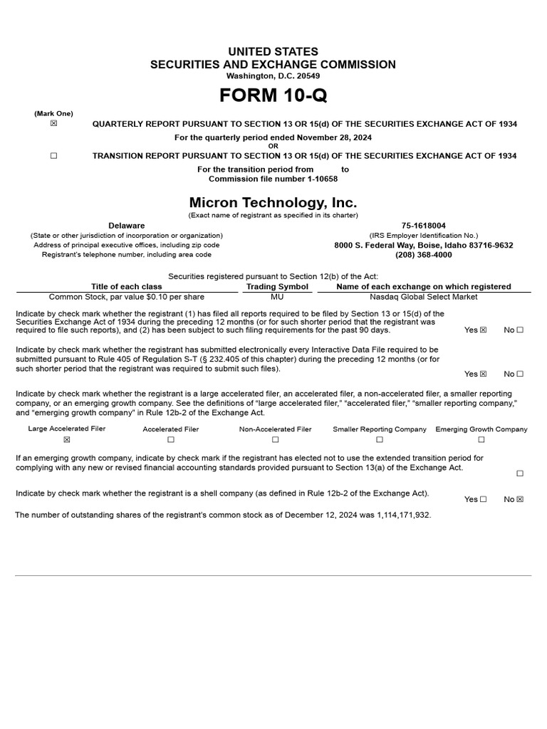 Micron Technology Q1 2025 10-Q Report | PDF | Equity (Finance ...