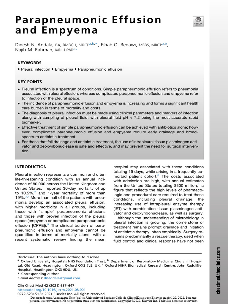 Parapneumonic Effusion and Empyema | PDF | Medicine | Clinical Medicine