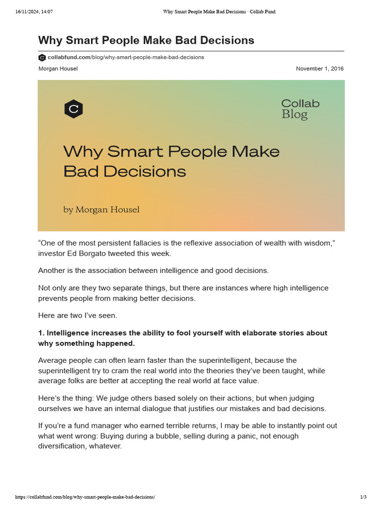 Why Smart People Make Bad Decisions Collab Fund | PDF | Intelligence