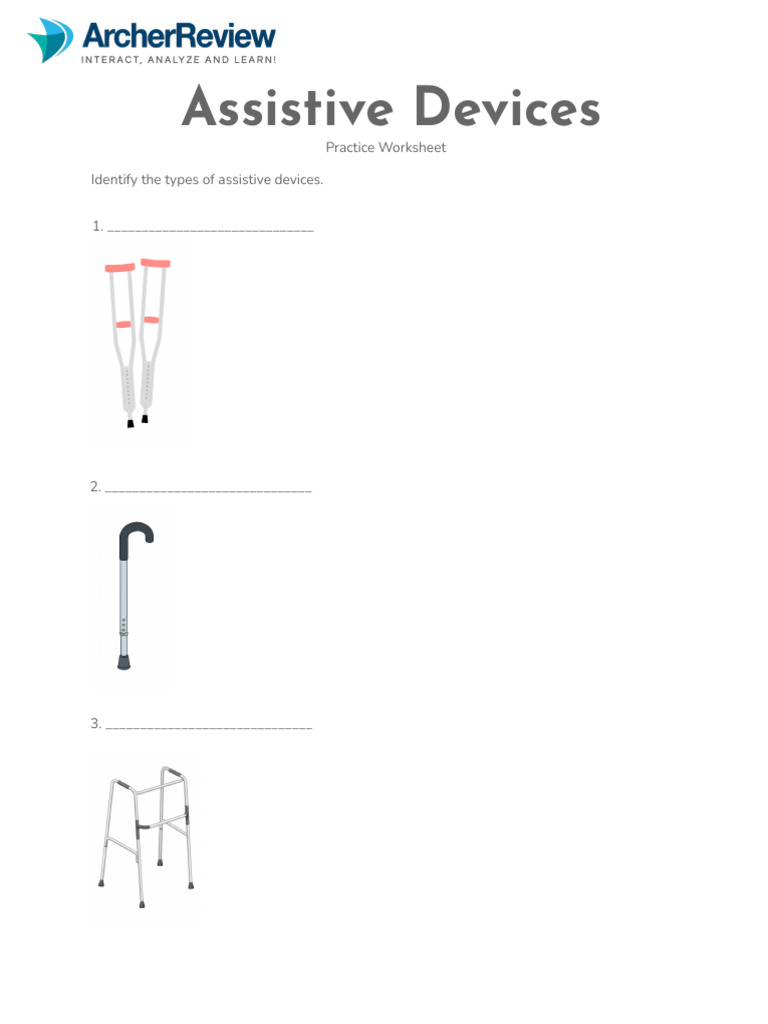 Assistive Devices: Practice Worksheet Identify The Types of Assistive Devices. 1. | PDF