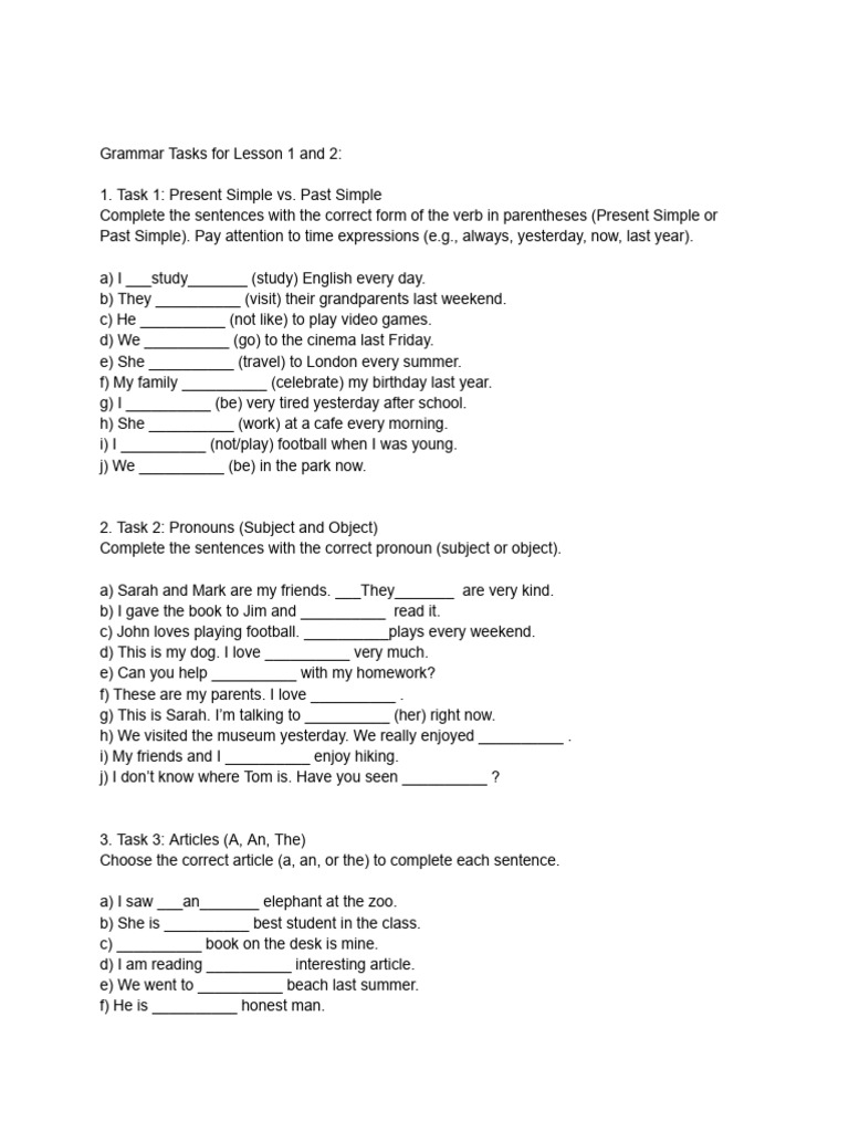 Grammar Tasks For Lesson 1 and 2 | PDF | Verb | Language Mechanics