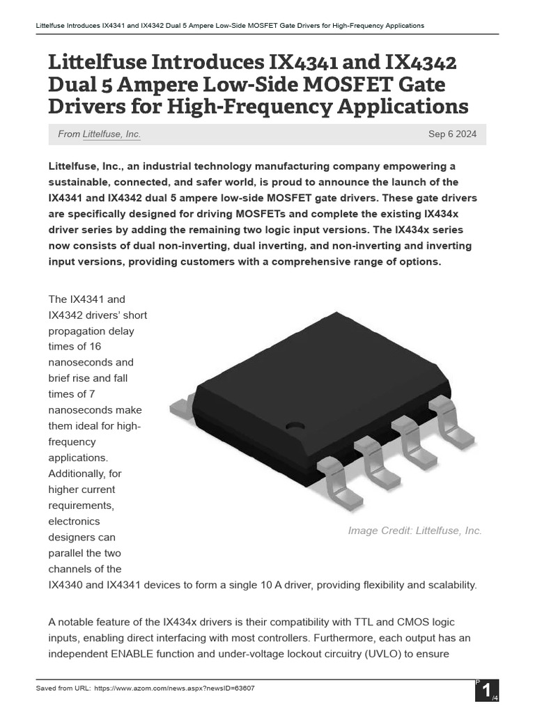 Littelfuse Introduces IX4341 and IX4342 Dual 5 Ampere Low Side MOSFET ...