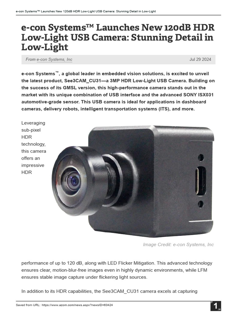 e Con Systemse284a2 Launches New 120dB HDR Low Light USB Camera ...