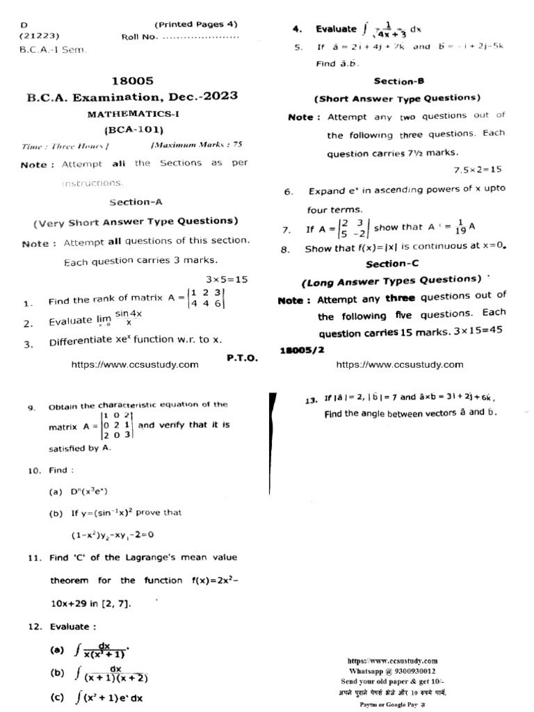 Bca 1 Sem Math 2023 | PDF