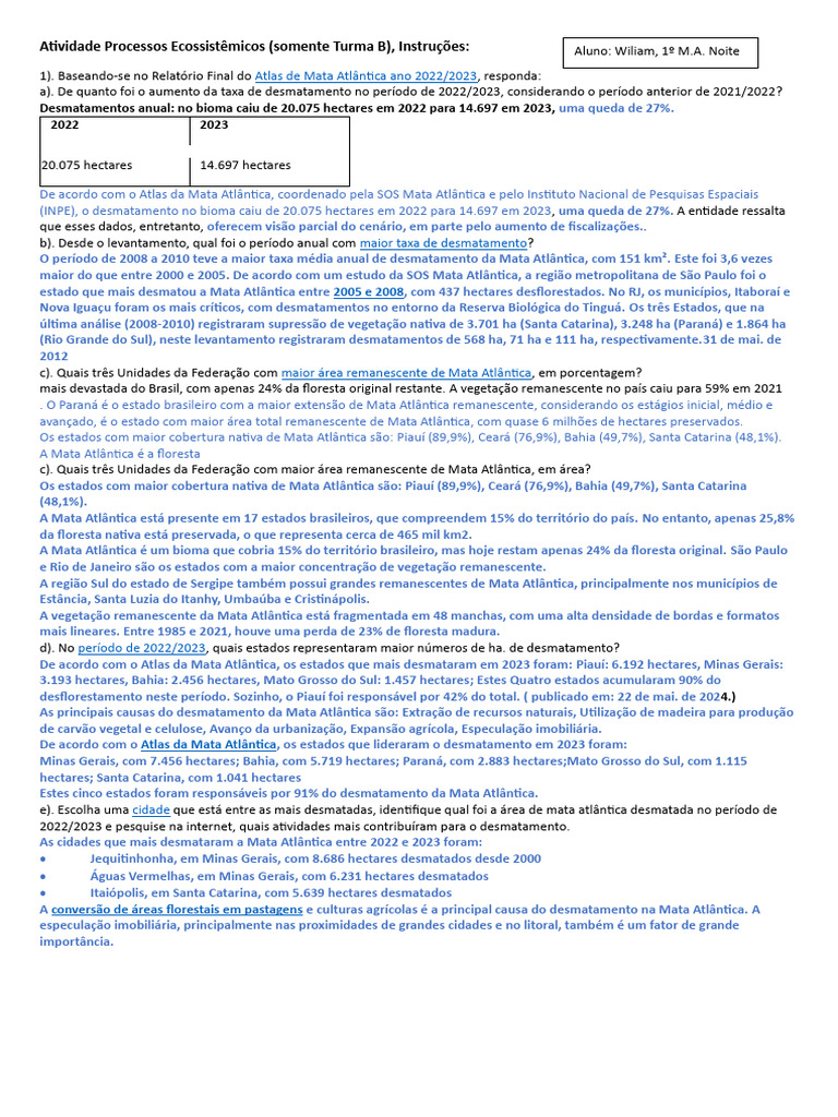 Atividade Processos Ecossistêmicos | PDF | Desmatamento | Brasil