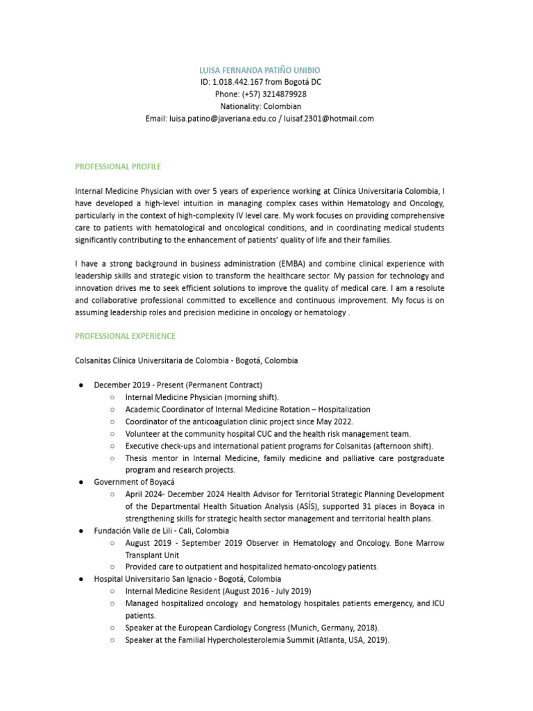 English CV Luisa Fernanda Patiño Unibio | PDF | Internal Medicine | Health Sciences
