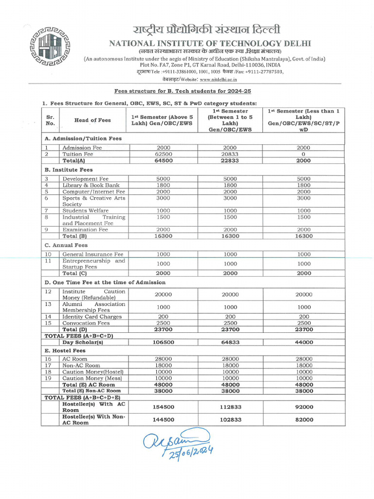 Fees Structure For B. Tech Students For 2024 25 New Admission | PDF